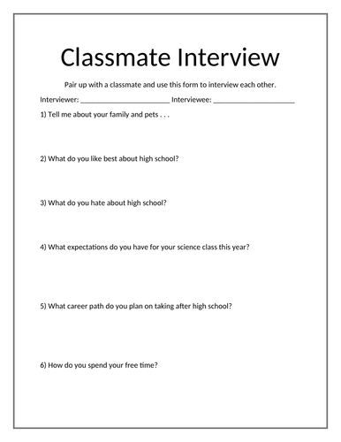 Classmate Interview - High School Edition | Teaching Resources