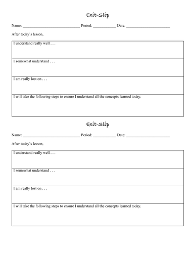Exit-Slip_Evaluation of Comprehension Level | Teaching Resources