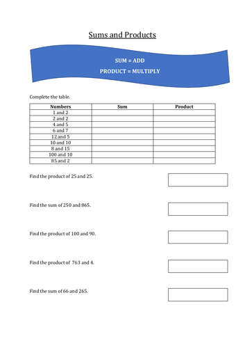 Mathematics - Sums and Products | Teaching Resources