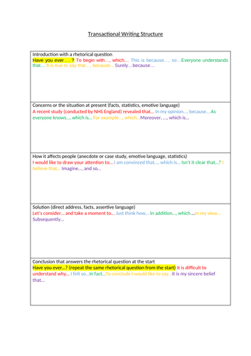 Transactional Writing writing frame and sentence starters plus a ...
