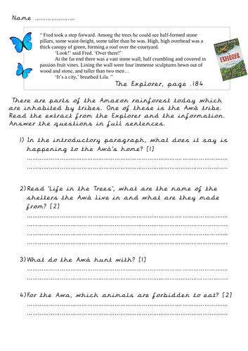 Y5 The Explorer - Katherine Rundell- The Awa Tribe- Comprehension Task ...