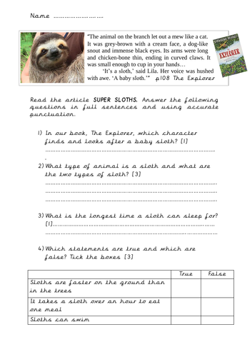 Year 5 The Explorer - Katherine Rundell- Sloths- Comprehension Task ...