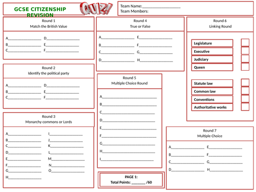 GCSE Citizenship Revision Quiz | Teaching Resources