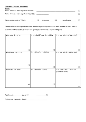 The Wave Equation Practise questions tests and mark scheme | Teaching ...