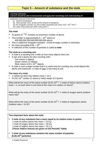 Amount of substance and the mole OCR AS Chemistry | Teaching Resources