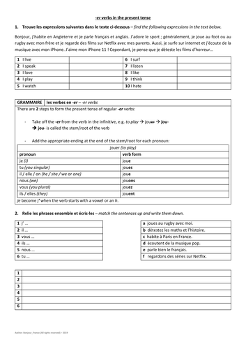 French -ER Verbs (answer sheet included) | Teaching Resources