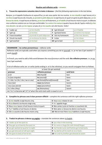 French Reflexive Verbs (answer sheet included) | Teaching Resources