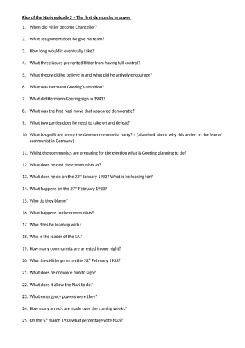BBC Rise of the Nazis episode 2 question sheet | Teaching Resources