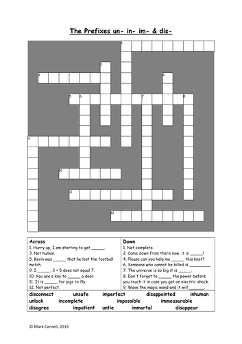 Prefixes Crossword - un, in, im, dis | Teaching Resources