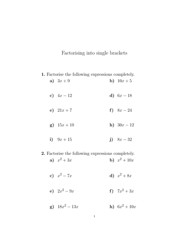 Factorising into single brackets worksheet (with answers) | Teaching ...