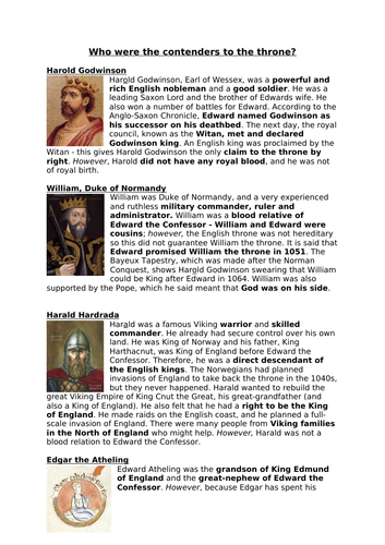Contenders for the throne 1066 | Teaching Resources