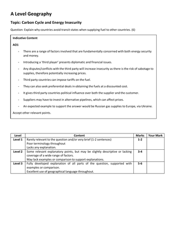A Level Geography Edexcel Carbon Cycle and Energy Security Exam Questions and Mark Schemes ...