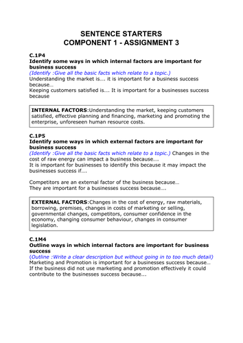 Level 2 Tech Award in Enterprise Sentence Starters - Component 1 ...