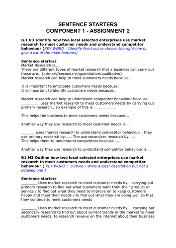Level 2 Tech Award in Enterprise Sentence Starters - Component 1 ...