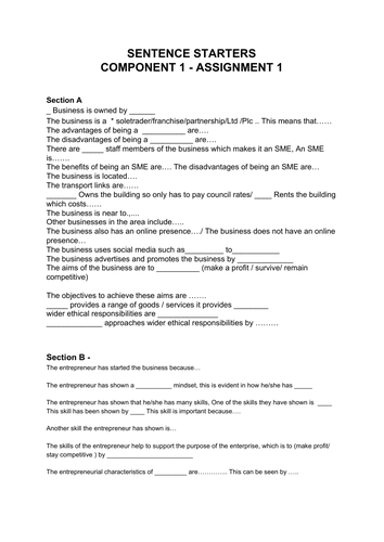 Level 2 Tech Award in Enterprise Sentence Starters - Component 1 ...
