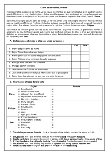 GCSE French School Subjects & Opinions: les matières reading ...