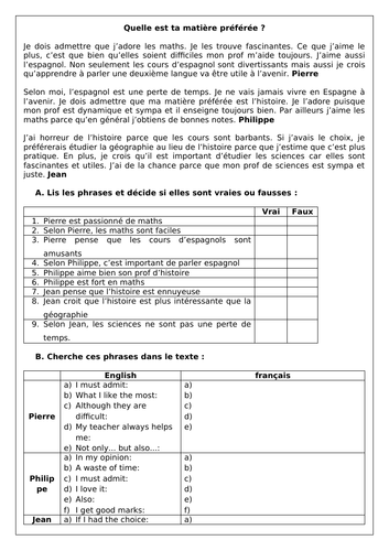 GCSE French School Subjects & Opinions: les matières reading ...