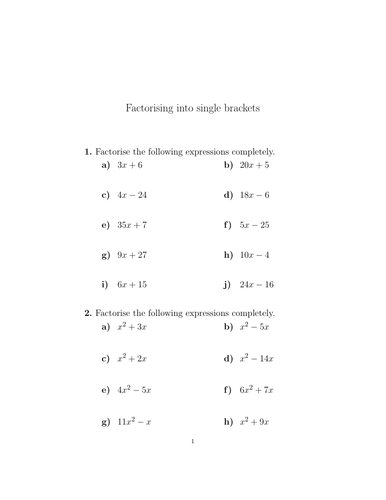 Factorising into single brackets worksheet no 3 (with answers ...