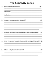 NEW AQA GCSE (2016) Chemistry - The Reactivity Series Homework ...