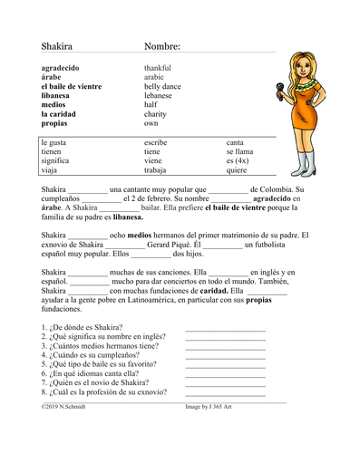 Shakira Biography Worksheet in Present Tense | Teaching Resources