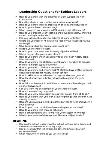 Questions for Subject Leaders Preparing for Ofsted Inspection ...