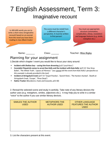 Ned Kelly English Unit - Black Snake Imaginative Recount Assessment Task and scaffolding ...