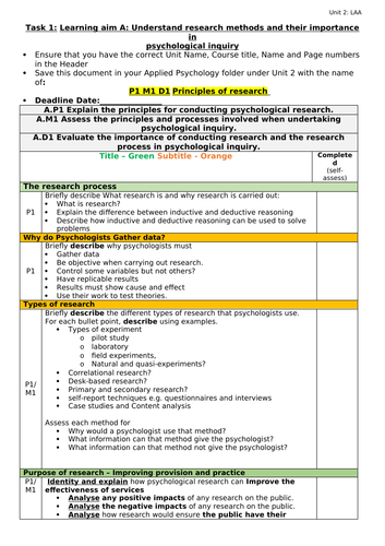 Applied Psychology Unit 2 LAA Conducting Psychological Research Assignment task sheets ...