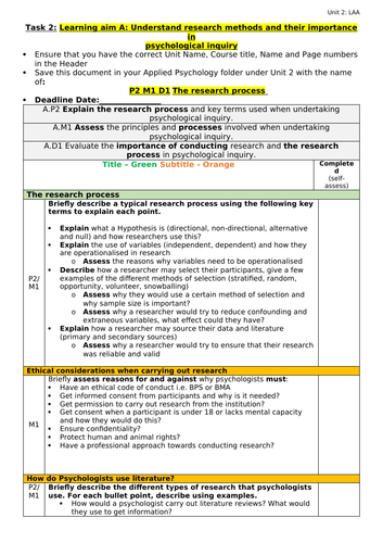 Applied Psychology Unit 2 LAA Conducting Psychological Research ...
