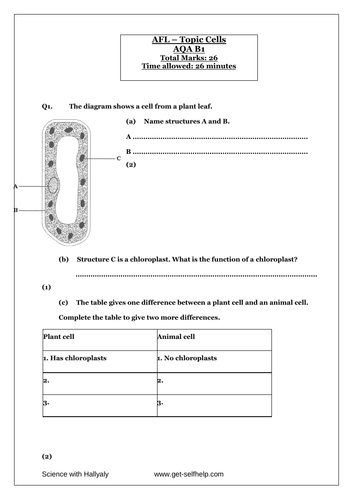 AFL Revision resource with markscheme- Check understanding of Cells ...
