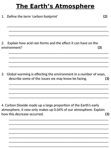 NEW AQA GCSE (2016) Chemistry - The Earth's Atmosphere Homework ...