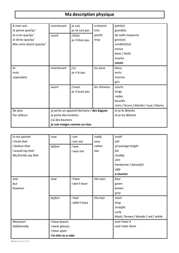KS3/KS4 French - My Appearance (+ answers) | Teaching Resources