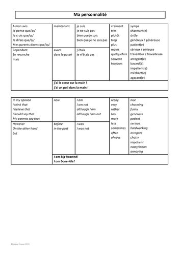 KS3/KS4 French - My Personality (+ answers) | Teaching Resources