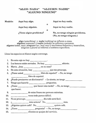 Spanish 3, Spanish 2- Algo, Nadie, Alguien, Nada, Alguno, Ninguno ...