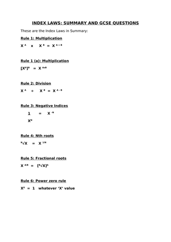 Index Laws Summary and Questions GCSE (9-1) | Teaching Resources