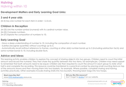 EYFS Maths Sharing by Halving within 10 Learning Activity Pack ...