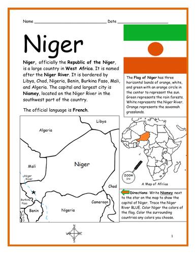 NIGER Introductory Geography Worksheet with map and flag | Teaching ...