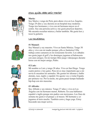 Spanish Hobbies Reading: Who should Maria Date? (pasatiempos) Lectura ...