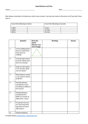 Junior Science Speed Distance and Time | Teaching Resources