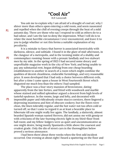 “Cool Air” by H.P. Lovecraft Close Reading Analysis Worksheet ...