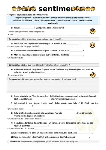 Les sentiments (feelings) - Worksheet, fill in the blanks (12 sentences ...