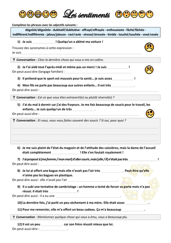 Les sentiments (feelings) - Worksheet, fill in the blanks (12 sentences ...