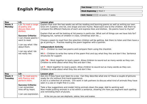 Year 2 List Poems planning | Teaching Resources