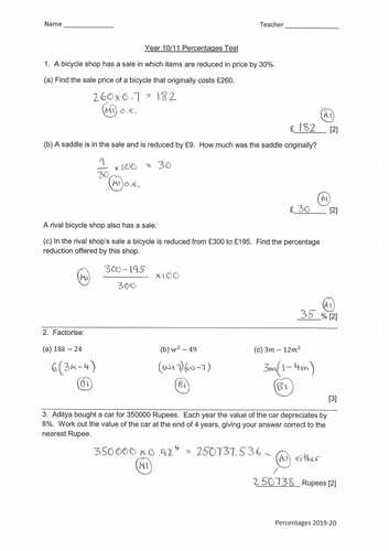 IGCSE Percentages Test 2019-20 | Teaching Resources IGCSE Percentages Test 2019-20 | Teaching Resources