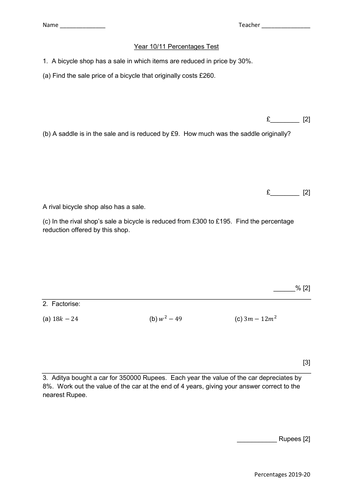 IGCSE Percentages Test 2019-20 | Teaching Resources IGCSE Percentages Test 2019-20 | Teaching Resources