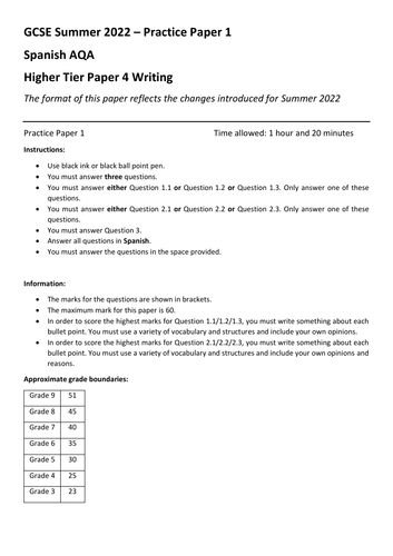Spanish GCSE AQA Writing Paper (Higher) - Practice Papers & Model ...