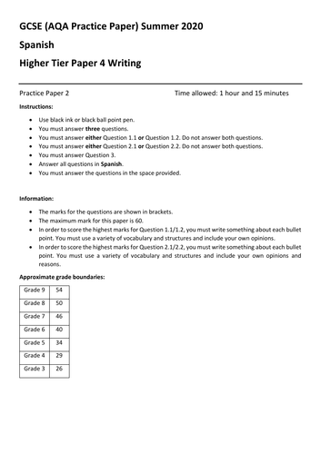 Spanish GCSE AQA Writing Paper (Higher) - Practice Papers & Model ...