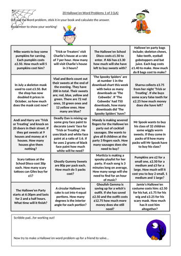 Halloween Maths Word Problems - 20 questions, differentiated 3 ways and ...