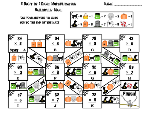 2 Digit by 1 Digit Multiplication Halloween Maze | Teaching Resources
