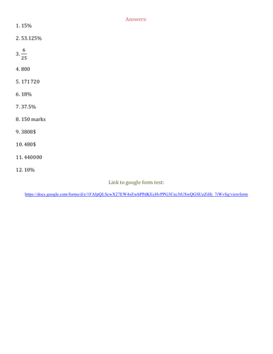 Test Further Percentages Igcse 0580 Extended And Core Teaching Resources