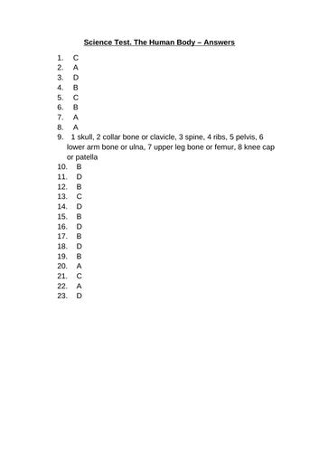 Science Test. The Human Body | Teaching Resources